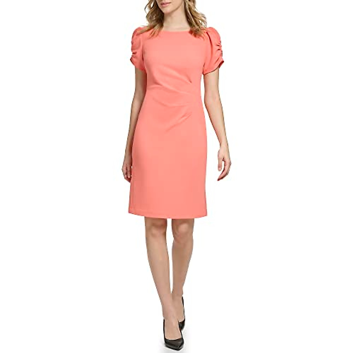 Karl Lagerfeld Paris Women's Waist Detail Puff Sleeve Sheath Dress, Coral Quartz, 12