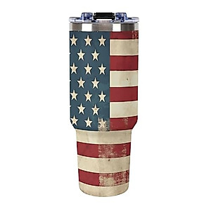 LLUTSNTH 40 Oz Vacuum Tumbler with Violet Handle Leakproof Insulated Tumbler Vintage American USA Flag Stainless Steel Travel Mug with Lid And Straw Coffee Cup Cute Water Bottles Cup Holder Friendly