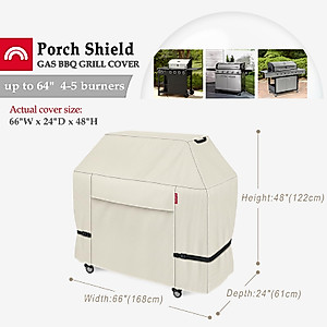Porch Shield 64W x 24D x 48H inch Premium Gas Grill Cover Up to 64 inch, Waterproof and Fade Resistant 600D BBQ Covers for Weber, Brinkmann, Char-Broil and More, Light Tan