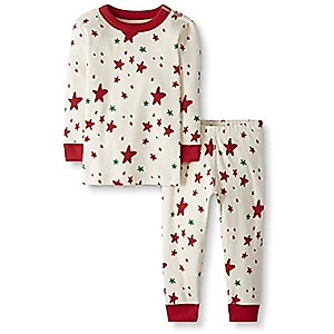 Moon and Back by Hanna Andersson Unisex Kids' Organic Holiday Family Matching 2 Piece Pajama Set, Pack of 2, Red/Green, Stars, 6-7