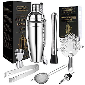 LIVEHITOP Cocktail Shaker Set, Stainless Steel Bartending Kit with 25 oz Martini Shaker, Jigger, Strainer, Mixing Spoon, Muddler, Recipe, Professional Bar Tools Gifts for Him Her