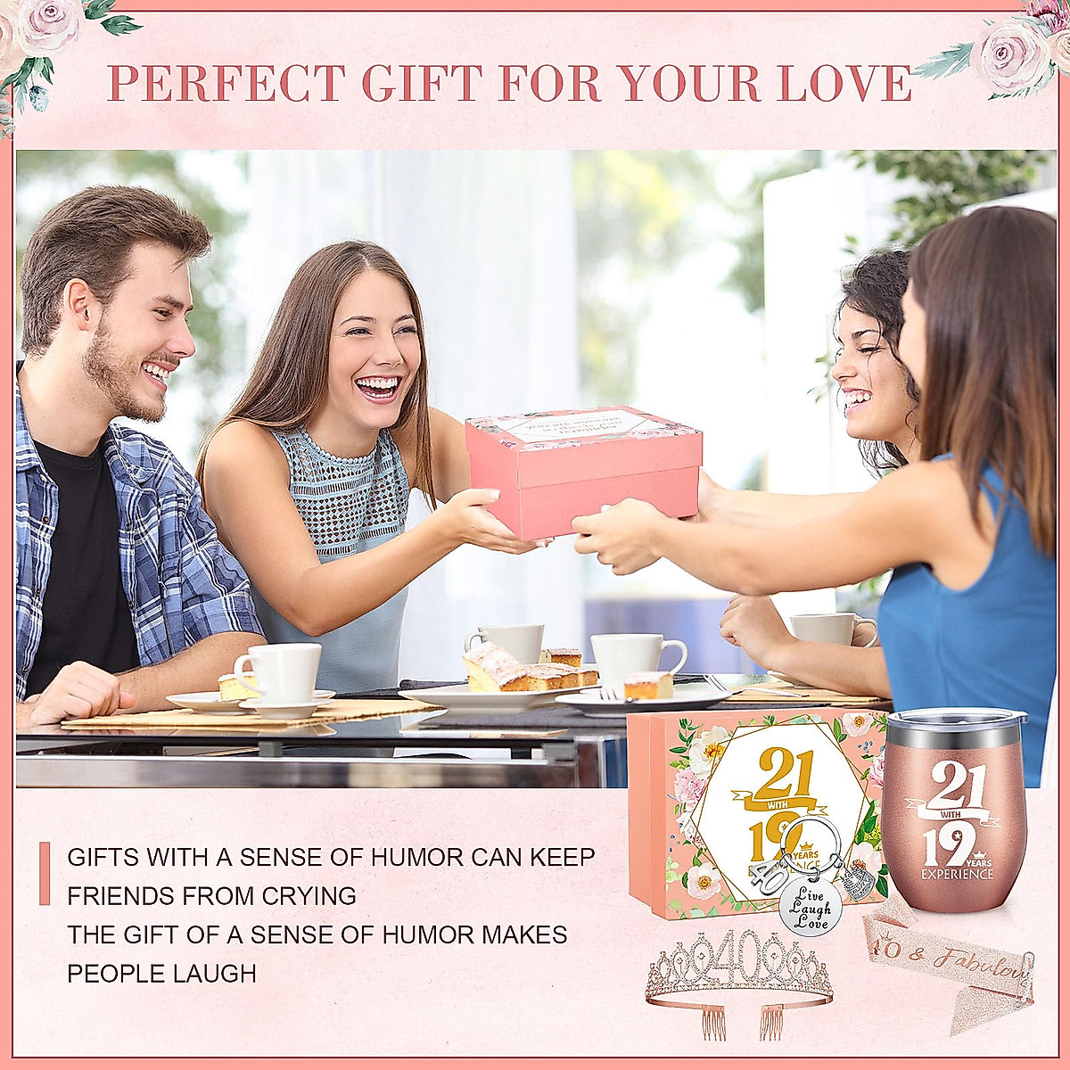 Sieral 40th Birthday Gifts Box for Women Including 21 with 19 Years Experience Wine Tumbler, 40th Tiara, 40th Birthday Sash, 40th Birthday Keychain for Women Friends Lover Mom Coworker(40th Style)