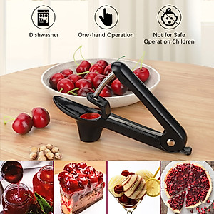 Firjuty Cherry Pitter - Heavy-Duty Olive and Cherry Pitters Corer Tool with Space-Saving Lock Design, Multi-Function Cherries Stoner Seed Remover Tool for Making Cherry Jam (Black)