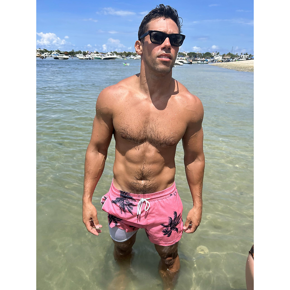 maamgic Mens Swim Trunks with Compression Liner Short Stretch Mens Bathing Suit Quick Dry Swimming Trunks Swimsuit Plamtree Pink Large