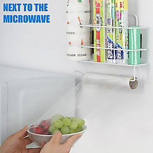 Cabinet Door Wall Mount Wrap Organizer Rack with 2 Rods, No Drilling, Multi-Purpose Kitchen Door Organizer Storage for Cutting Board, Aluminum Foil, Plastic Wrap (White)