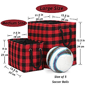 Large Rectangular Foldable Storage Laundry Baskets with Cotton Rope Handles Nursery Soft Felt Fabric Bins Delicate Home Organizer Solution, Red Black Grid, L