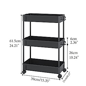 Boeeoan 3 Tier Rolling Utility Storage Cart, Mobile Shelving Organizer with Hooks for Kitchen Bathroom Laundry Room Living Room, Black