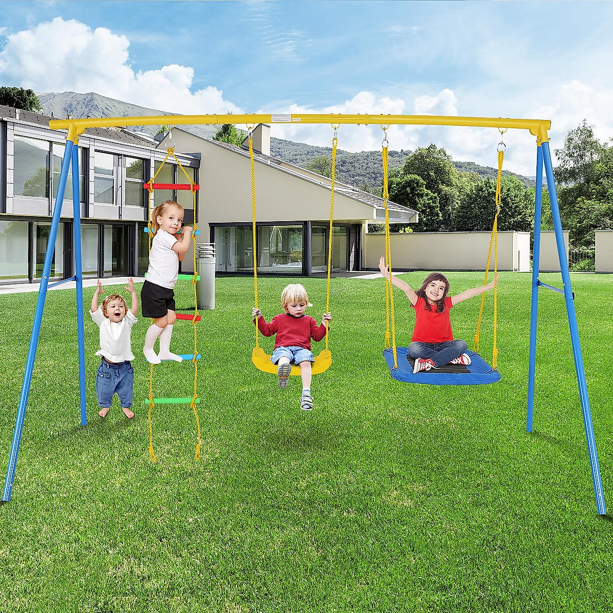 Plohee 3 in 1 Swing Sets for Backyard - 550lbs Heavy Duty Metal Kids Swing Set with Platform Swing Seat, Belt Swing Seat and Climbing Ladder for Playground