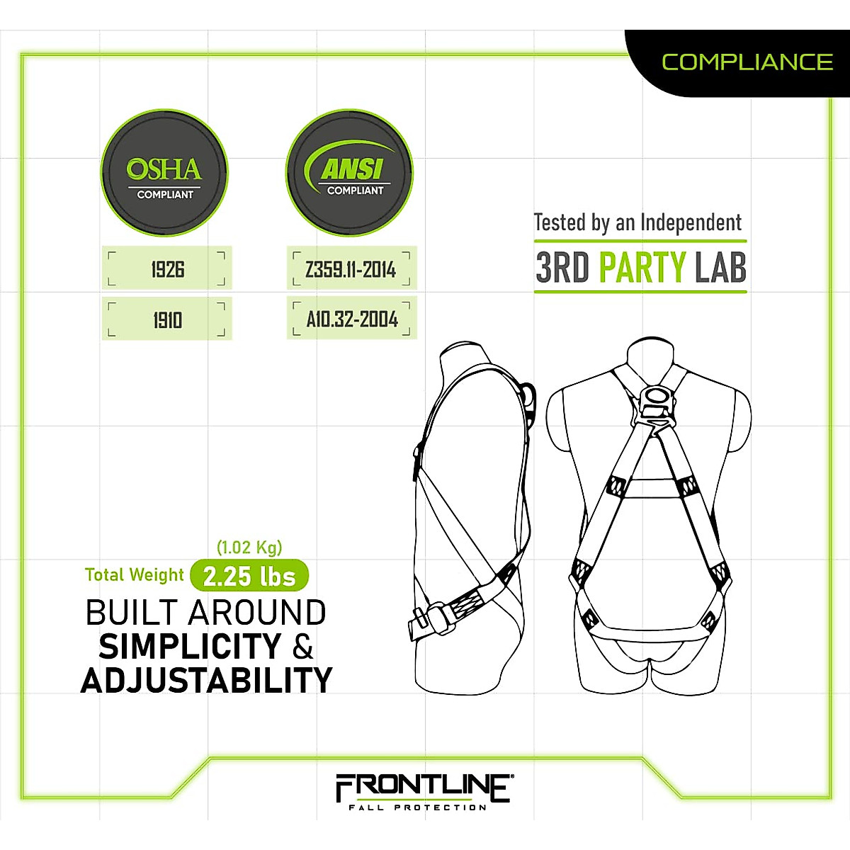 Frontline 100VMB Combat™ Economy Series Full Body Harnes (Universal) | OSHA and ANSI Compliant | Full Body Harness | Back d-ring | 3 points of adjustability | OSHA & ANSI Compliant
