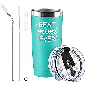 Qtencas Mimi Gifts, Best Mimi Ever Travel Tumbler, Christmas Birthday Gifts for Women Mimi Grandma Grandmother New Nana Mothers Day, Insulated Stainless Steel Stemless Tumbler with Lids(20 Oz, Mint)
