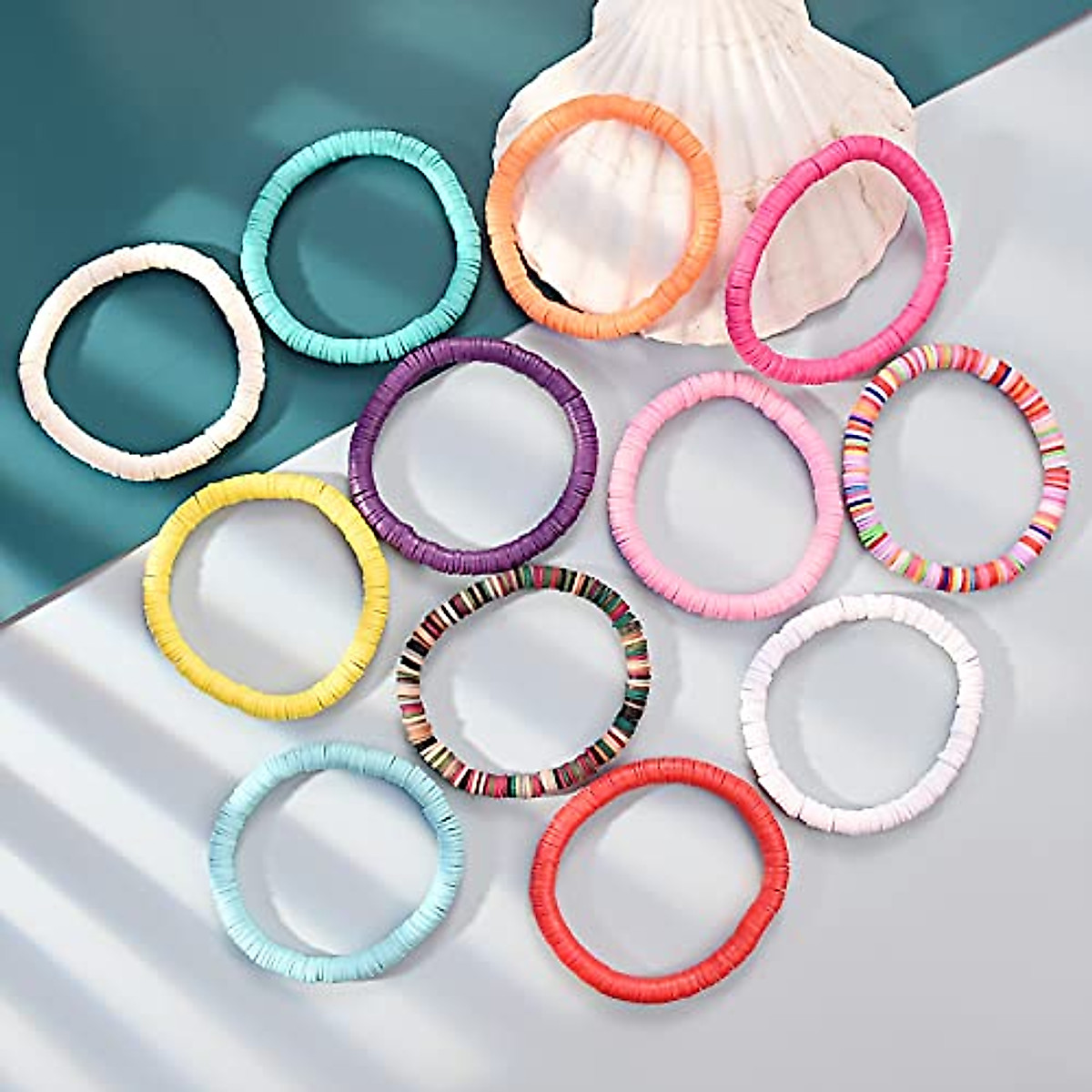 HYHONEY 12pcs Heishi Bracelet Cute Bracelets Clay Bead Bracelet Bracelets Set Stack Vinyl Disc Bead Surfer Stretch Bracelets Summer Beach Bracelet Bracelets For Women
