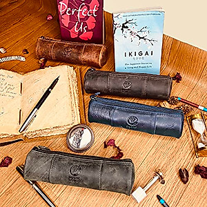 RUSTIC TOWN Leather Pencil Pouch - Zippered Pen Case for Work & Office (Brown)