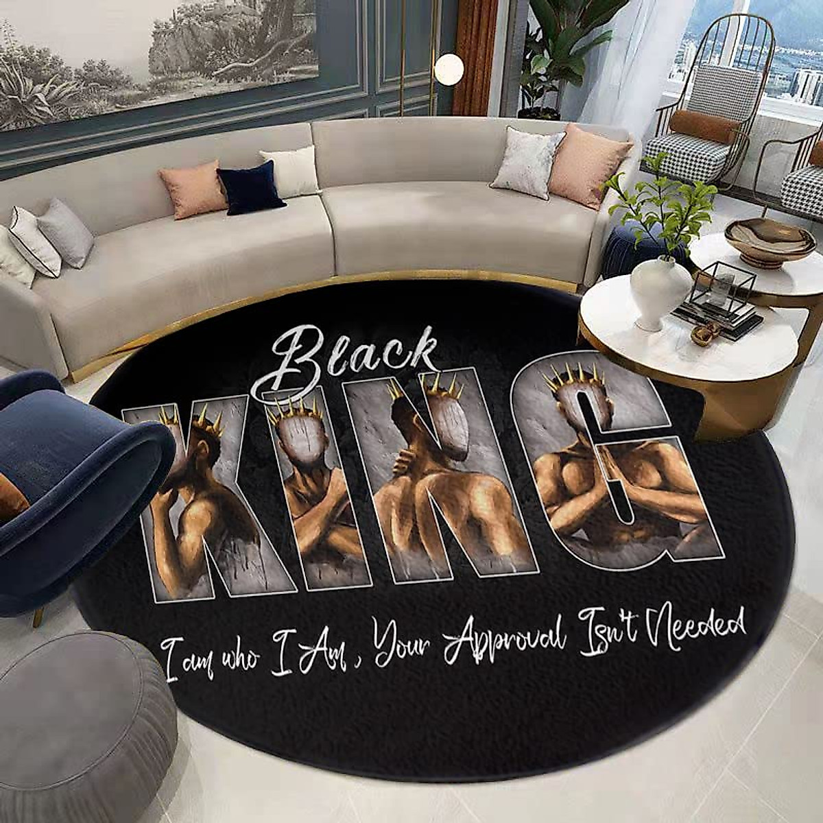 RUI＆TONG African American Afro King Art Deco Rug Boy Girls Bedroom Rug, Polyester Anti-Slip Rug Yoga Mat, Living Room Sofa Round Rug Diameter 24"