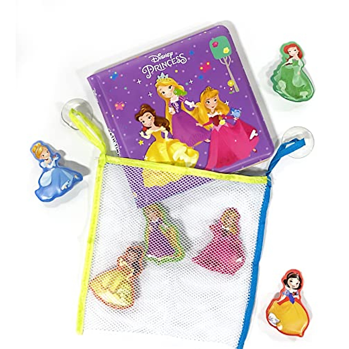 Disney Princess Bath Time Books - Activity Books for kids, Bath book, 6 Padded suction cups, 1 Mesh bag