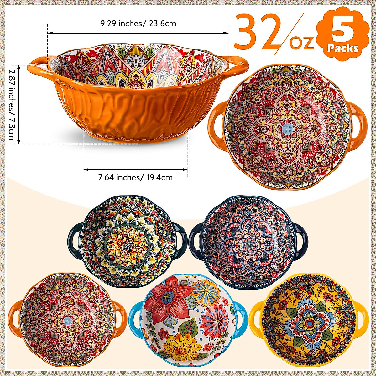 Lallisa 5 Pcs 32 oz Ceramic Soup Bowls with Double Handle Oven Safe Soup Bowls Colorful Cute Bowls Embossed Soup Bowls Set for Cereal, Soup, Salad, Stew, Cereal, Pot Pies and Pasta