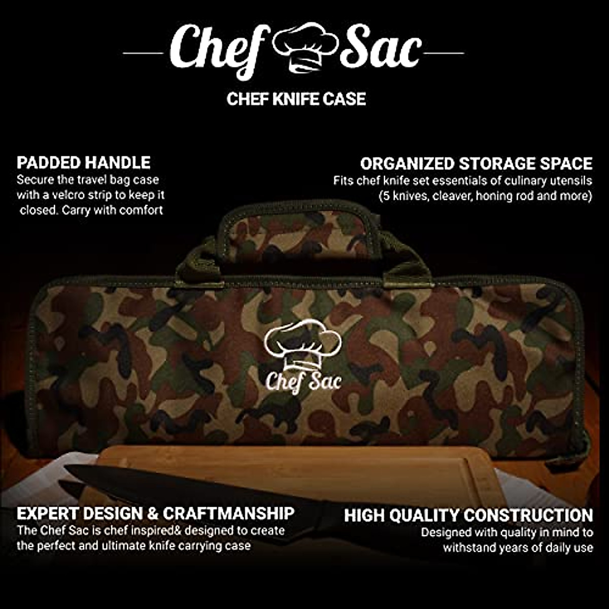 Chef Sac Chef Knife Roll Bag Travel Case | 8+ Slots for Knives & Tools | 2 Flaps with Cleaver & Mesh Pocket | Chef Knife Case for Professional & Culinary Work | Knives Not Included (Army Green)