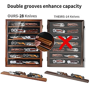 ASmileIndeep Pocket Knife Display Case 7 Rows Lockable Wooden Knife Shadow Box with HD Tempered Glass, Military Folding Knife Cabinet Stand for Wall with Removable Shelves, Walnut