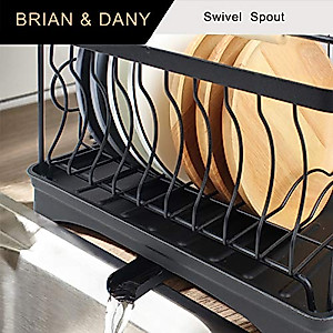 BRIAN & DANY Dish Drying Rack with Drip Tray, Stainless Steel Dish Drainer with Wooden Handles and Cutlery Holder, 18.4 x 12.5 x 9 inches, Black