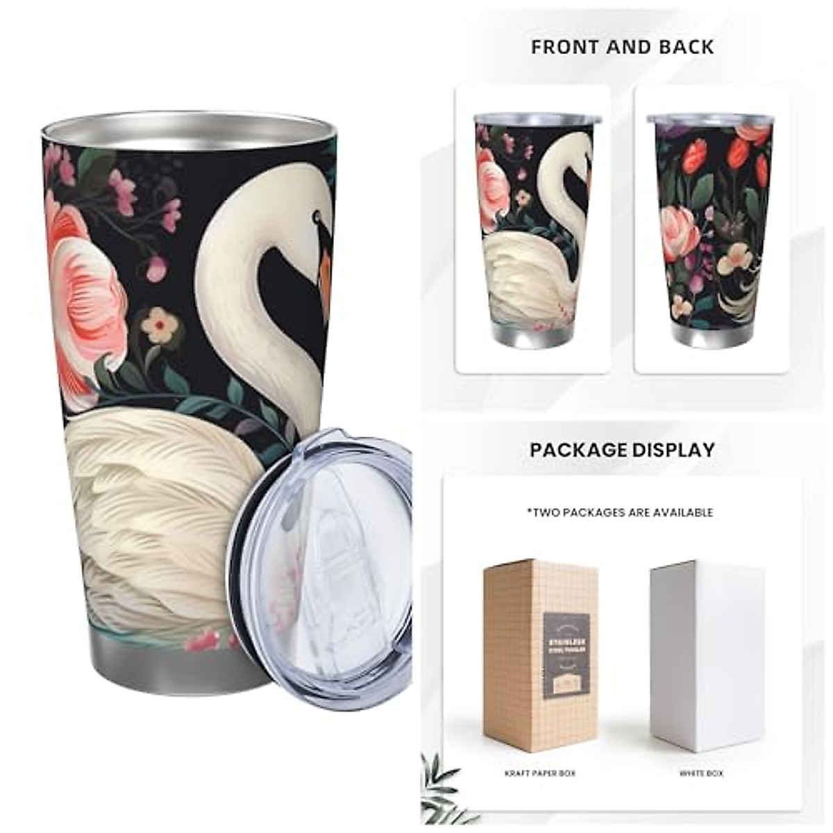 Floral Swan Tumbler with Lid and Straw 20oz Stainless Steel Car Cup for Hot and Cold Drinks, Double Wall Insulated Travel Coffee Mug Reusable Drink Thermos Cup Birthday Gifts