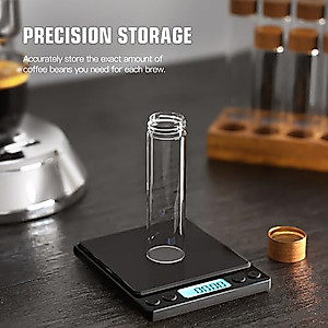 Coffee Bean Cellars with Stand & Hopper, Single Dose Coffee Bean Storage, 12 Pcs Espresso Bean Container with Wooden Holder, Dosing Glass Vials with Lids and Funnel for Tea, Coffee, Spices