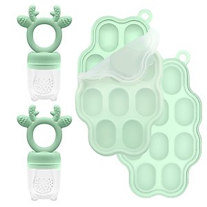 2 Sets Silicone Breastmilk Popsicle Molds with Baby Food Feeder, BPA Free Fruit Feeder Pacifier with Frozen Ice Tray for Baby Feeding Safely, Infant Fruit Teething Toy for Baby Boy Girl Gifts (Green)