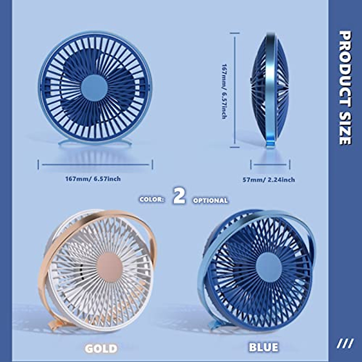 Chchmu USB Desk Fan Mini Desktop Table Fans 2 Speed Personal Quiet Fan with Strong Airflow Portable Cooling Fan with Head Adjustable for Home Bedroom Dormitory Office Table & Desktop, Gold