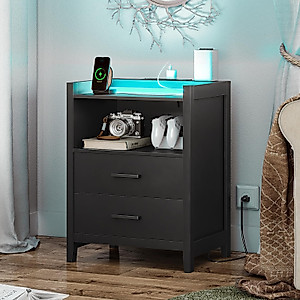 EPHEX LED Nightstands Set of 2, Black Night Stand with Charging Station and 2 Drawers, Wood End Side Table with USB Ports, Bedside Table for Bedroom
