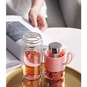 Little Bees Double Wall Glass Tea Bottle Portable Tea Tumbler with Infuser Leak-Proof Travel Mug 14oz Blue