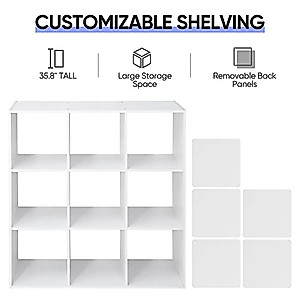 JupiterForce 9 Cube Storage Organizer Wooden Display Shelf W/ 5 Removable Back Panels, Customizable Bookcase Bookshelf for Home, Office, Bedroom and Living Room (White)