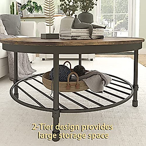 Gezen 2-Tier Round Coffee Table, Industrial Coffee Table for Living Room, Wooden Tabletop Rustic Steel Accent Table with Storage Open Shelf- Metal Frame - Retro Brown
