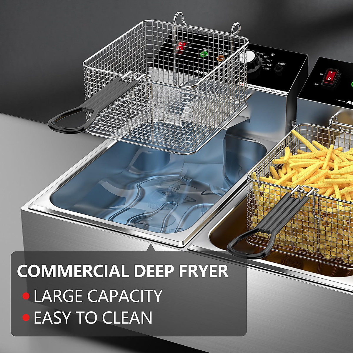 Commercial Deep Fryer with Baskets Stainless Steel Double Deep Fryer with 2 Baskets Capacity 10L X 2(21.2QT) Electric Countertop Fryer for Restaurant and Home Use, 110V 3400W