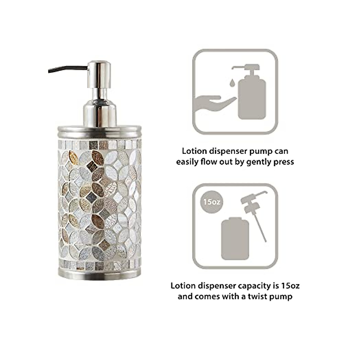 Madison Park Tesera Glass Bathroom Accessory Set, Stainless Steel Top, Handcrafted Mosaic Tiles, Vanity Décor, Lotion / Soap Dispenser with Pump, Tumbler, Covered Jar, Multi-Sizes, Silver/Gold 3 Piece