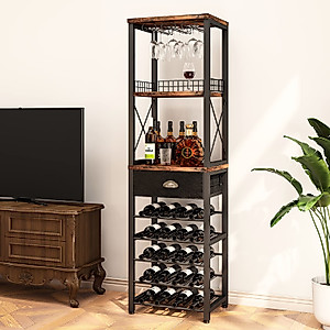 Homeiju Wine Rack Freestanding Floor, Bar Cabinets for Liquor and Glasses, 4-Tier bar cabinet with Tabletop, Glass Holder, Storage Drawer and Wine storage for Living Room, Kitchen, Home Bar(20 Bottle)