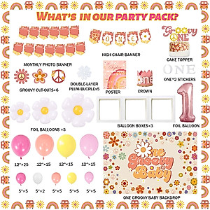 125 PCs Groovy One Party Decorations, Fiesec One Groovy Baby Birthday Decorations Girl Boho Daisy Hippie First Party Backdrop Balloon Garland Monthly Photo Highchair Banner Cake Topper Crown Poster