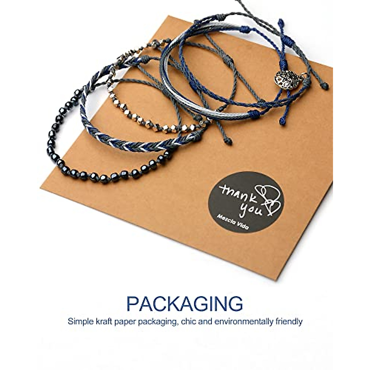 Mezcla Vida Bohemian Starfish Charm Silver Zinc Beaded Waterproof Rope Surfing Bracelets Sets For Women Teen Girls, Beach Handmade String Jewelry (GREY-BLUE)