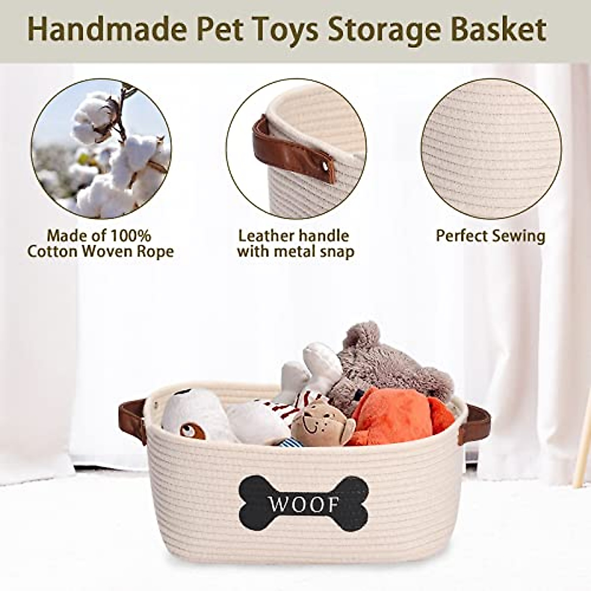 Brabtod Cotton Rope Dog Toy Storage Basket Medium, Dog Toy bin with Handle,Dog Stuff Organizer - Perfect for organizing pet Toys, Blankets, leashes, Pee mats and Diapers,Nursery Decor Basket-Beige