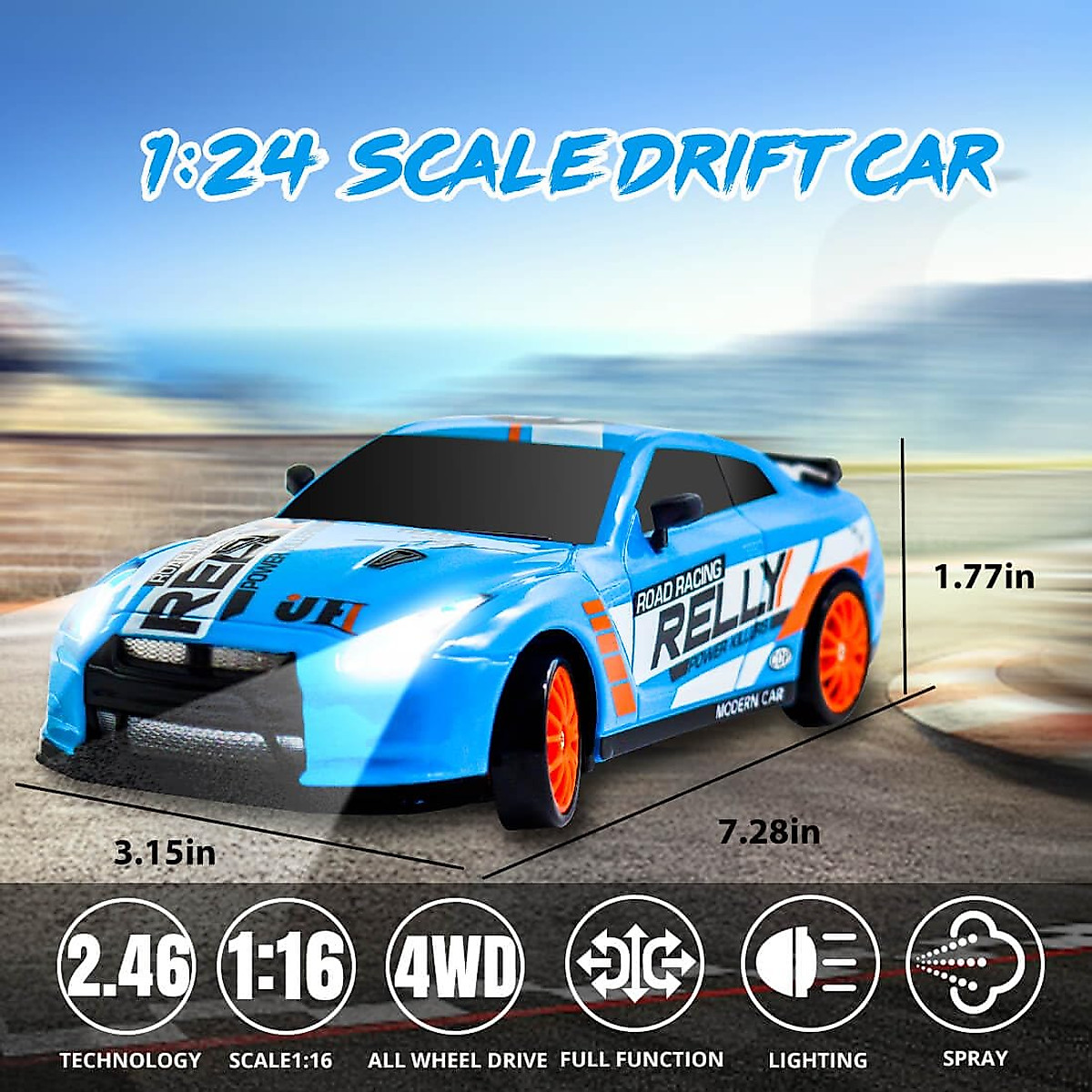 AGNEVE RC Drift Car 1:24 Scale RC Car with LED Lights Glow and Drifting Tires 2.4GHz Remote Control Car 4WD 14KM/h High-Speed RC Cars with 2 Rechargeable Batteries Boys Girls
