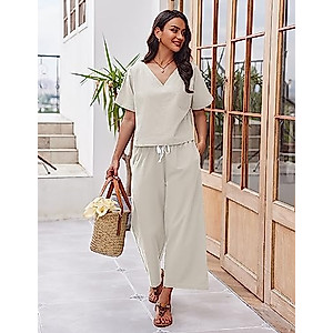 Ekouaer Womens Short Sleeve Top Wide Leg Pants Sleepwear Cotton Linen Loungewear Pajama Set, White, Medium
