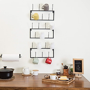 MyGift Black Metal Coffee Mug Rack Wall Mounted Hanging Storage Coffee Bar Accessories Rack with 21 Hooks, Set of 3