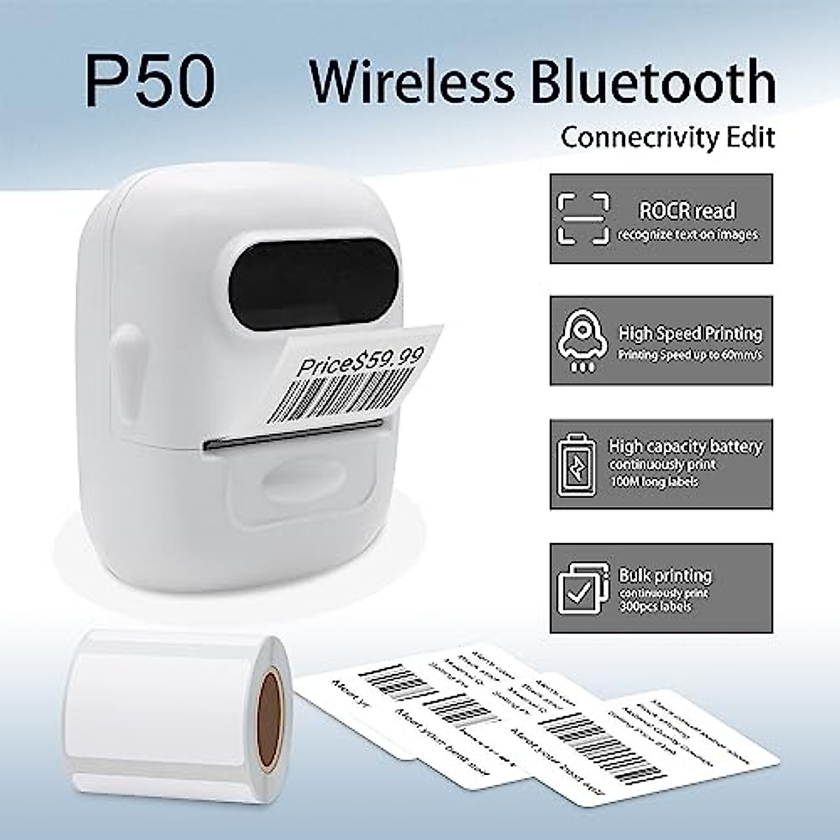 HYBSK Bluetooth Label Maker with Label, P50 Barcode Label Printer, Direct Thermal Printer Compatible with iPhone/Android (P50 with Label)