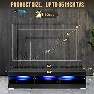HOMMPA LED TV Stand with LED Lights for 65 inch TV Modern Entertainment Center with Storage 57" Black TV Console with Glass Shelves for Living Room 15" Tall