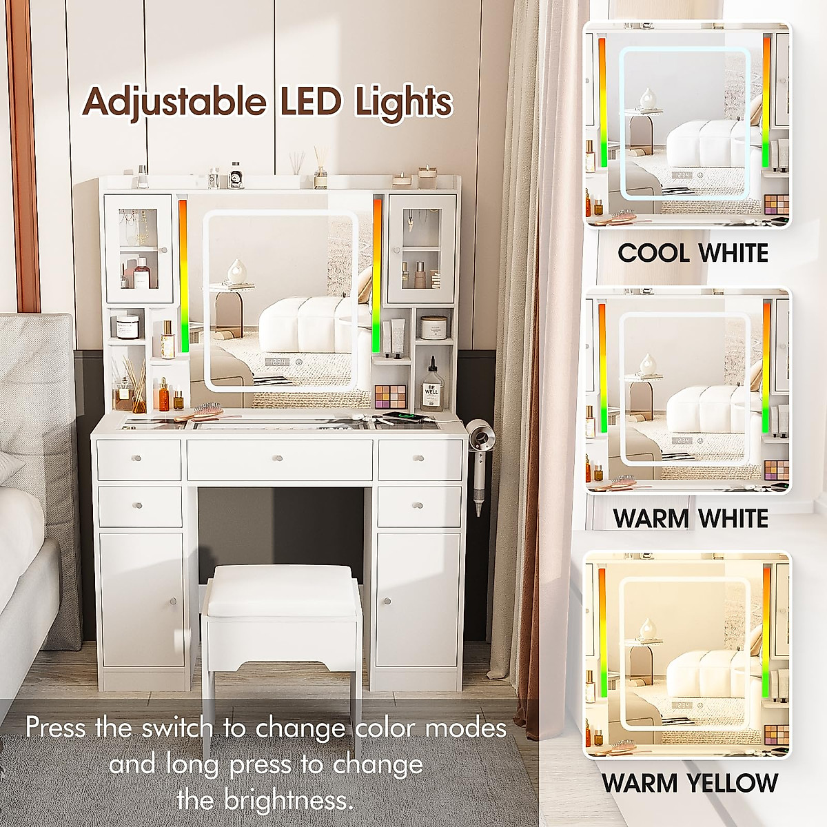 White Vanity Desk with LED Mirror,Makeup Vanity with Charging Station & RGB Lights,5 Drawers 4 Shelves Makeup Desk Vanity Table Stool Set with Glass Table Top & Time Display Lights, White