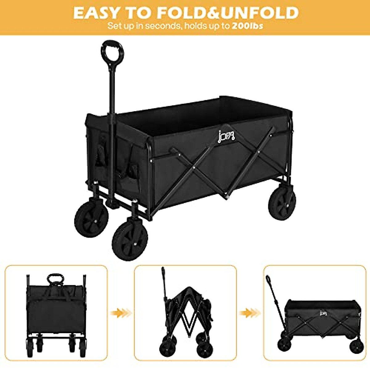 Heavy Duty Collapsible Wagon Foldable Garden Cart Utility Pull Push Beach Wagon for Sand with Wheels All Terrain Shopping Cart,Black
