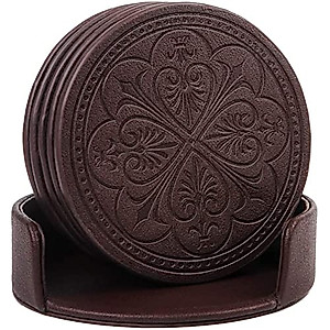 Drink Coasters,PU Leather Bar Beer Beverage Coasters for Drinks Set of 6 with Holder Coasters for Wooden Table Coffee Table Absorbent Drink Coasters,Easy Clean Cup Coasters Easter Housewarming Gifts