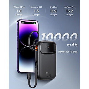 Baseus Portable Charger Power Bank,22.5W 10000mAh Fast Charging Portable Phone Charger with Built in USB-C and iOS Output Cable, LED Display Portable Battery Pack for iPhone iPad Android Samsung