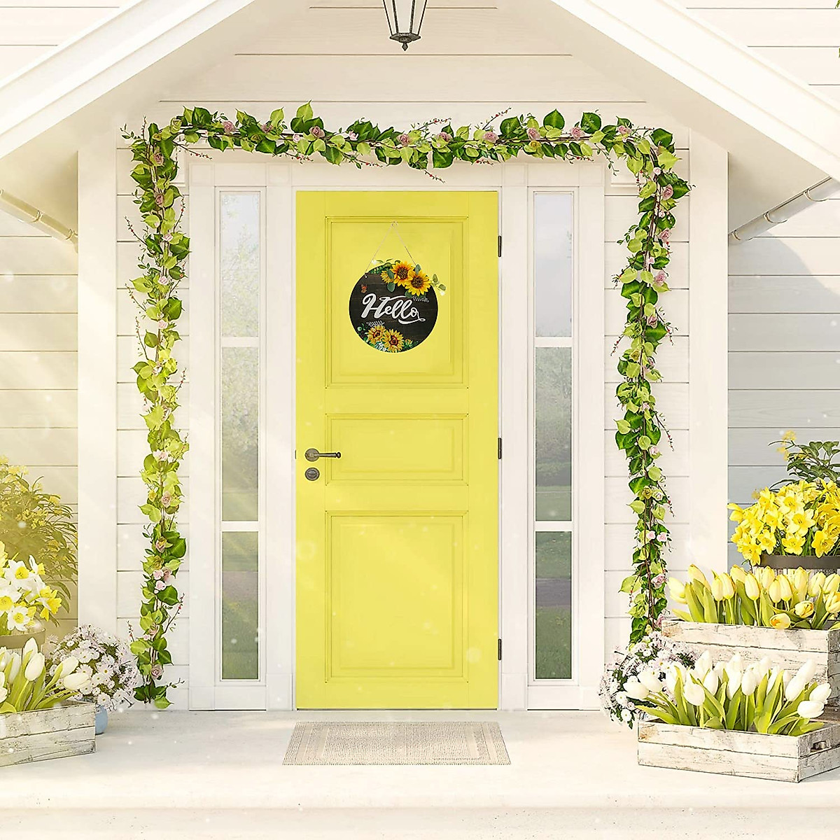 Autonomier Hello Welcome Wood Wall Hanging Sign, Colourful Sunflower Wooden Front Door Decor, Round Antique Wood Rustic Porch Decoration for Home Office Garden Farmhouse, 12 x 12 Inch（Brown）