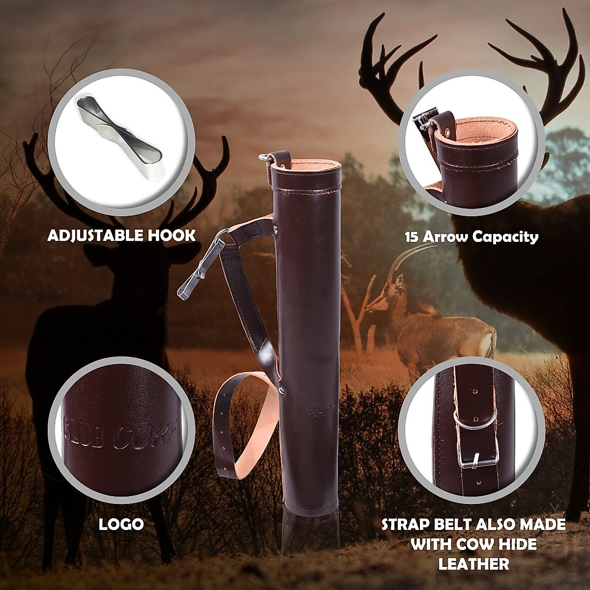 Clubcorp Archery Quiver| Small of Back Holster Shoulder Back| Perfect Bow Cow Hide Leather Arrow Holder for Youth Arrow Quiver Arrow Holder Shoulder Hanged Archery Backstop Walking Stick Dark Brown