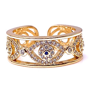 LESLIE BOULES 18K Gold Plated Evil Eye Cuff Ring for Women Fashion Jewelry