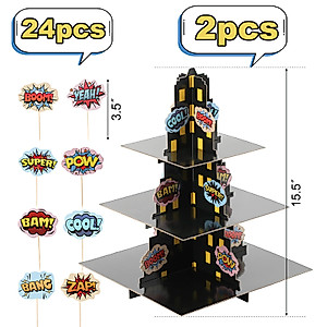 2 Sets Superhero Cupcake Stands and 24pcs Super Hero Boom Cupcake Toppers Skyscraper Cake Stands 3 Tier for Dessert Table Building Cupcake Stand for Birthday Table Decor Superhero Party Supplies