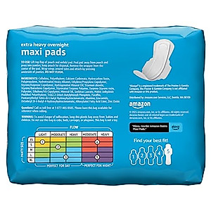 Amazon Basics Thick Maxi Pads with Wings for Periods - Extra Heavy Overnight Absorbency, Unscented, Size 5, 80 Count (4 Packs of 20) (Previously Solimo)